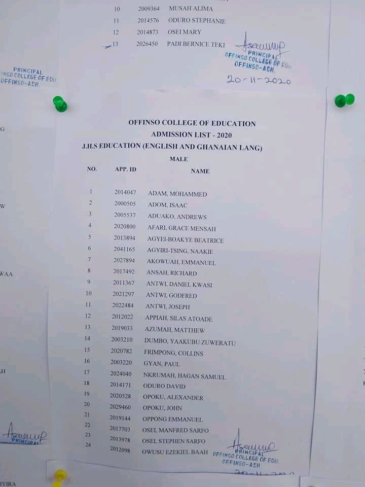 Offinso College Of Education Admission List 2020/2021
